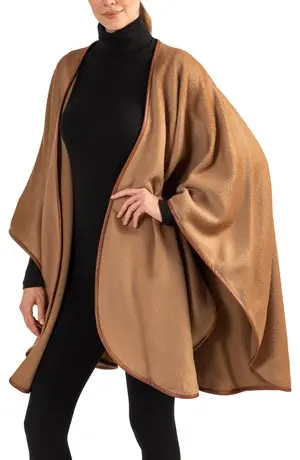 Sofia Cashmere Leather Trim Alpaca Blend Wrap Camel