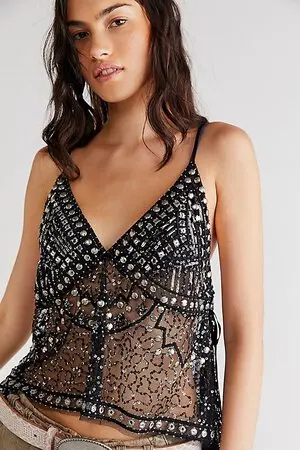 Free People Sequin Embellished Tank Top - Black
