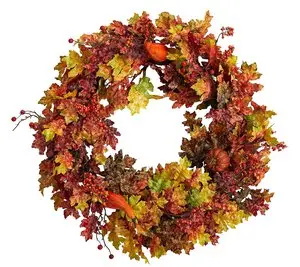 NEARLY NATURAL 32' Autumn Oak Leaf & Pumpkin Wr Eath - One-color
