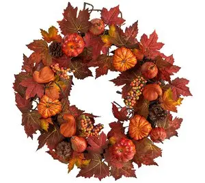 NEARLY NATURAL 24' Maple Leaf Wreath W/pumpkin, Berries - One-color