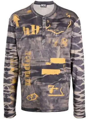 DIESEL® Graphic-print Buttoned T-shirt - Grey