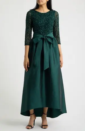 Pisarro Nights Beaded Bodice Taffeta A-line Gown - Hunter