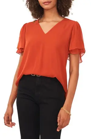 Vince Camuto Vince Camuto V-Neck Tulip Sleeve Chiffon Top Rustic Orange