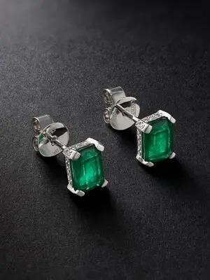 Shay Hidden Halo White Gold, Emerald, And Diamond Earrings - Green