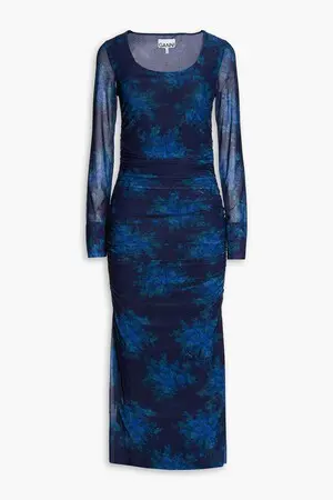 GANNI Ruched Floralprint Mesh Midi Dress - Navy