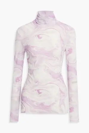GANNI Printed Mesh Turtleneck Top - Lilac
