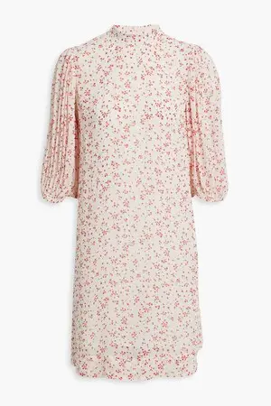 GANNI Gathered Printed Chiffon Mini Dress - Ecru