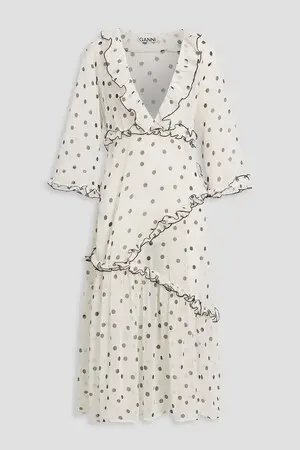 GANNI Ruffled Polkadot Chiffon Midi Dress - White