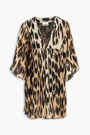 GANNI Leopard Print Plissé Crepe De Chine Mini Dress - Black