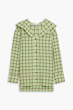 GANNI Checked Organic Cottonblend Seersucker Shirt - Light Gray