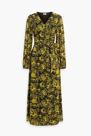 GANNI Printed Mesh Midi Wrap Dress - Yellow