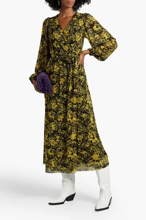 GANNI Printed Mesh Midi Wrap Dress