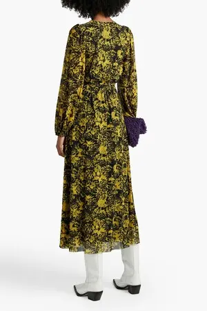 GANNI Printed Mesh Midi Wrap Dress