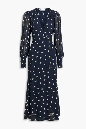 GANNI Polka Dot Wrap-effect Crepe De Chine Midi Dress - Navy