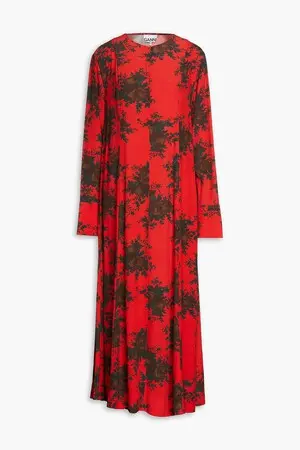 GANNI Floralprint Crepe Midi Dress - Red