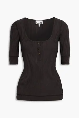 GANNI Ribbed Lyocellblend Jersey Top - Black