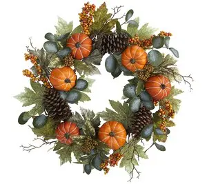 NEARLY NATURAL 24' Pumpkins, Pinecones And Berr Ies Wreath - One-color