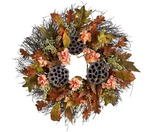 NEARLY NATURAL 22' Autumn Hydrangea, Dried Lotu S Pod Wreath - One-color