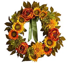 NEARLY NATURAL 24' Peony, Dahlia & Sunflower Ar Tificial Wreath - One-color