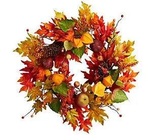NEARLY NATURAL 24' Autumn Maple Leaf & Berries Eath - One-color