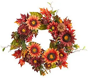 NEARLY NATURAL 24' Autumn Sunflower & Berries F All Wreath - One-color