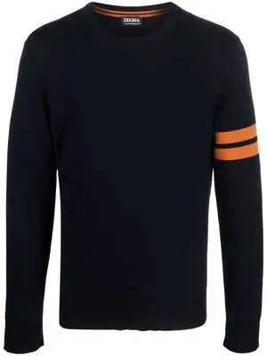 Zegna Stripe-detail Crew-neck Wool Jumper - Blue