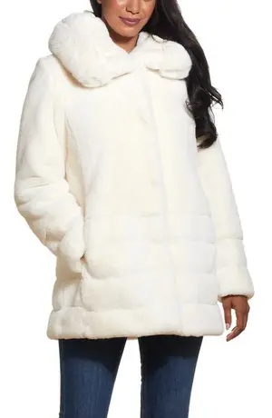 Gallery Hooded Faux Fur Coat - Cream