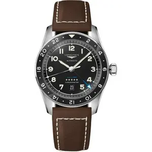 LONGINES Spirit Zulu Time Leather Strap Watch - Black