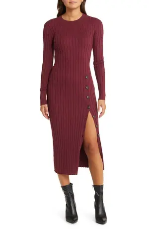 OPEN EDIT Button Sweater Midi Dress - Burgundy London