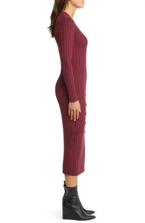 OPEN EDIT Button Sweater Midi Dress - Burgundy London