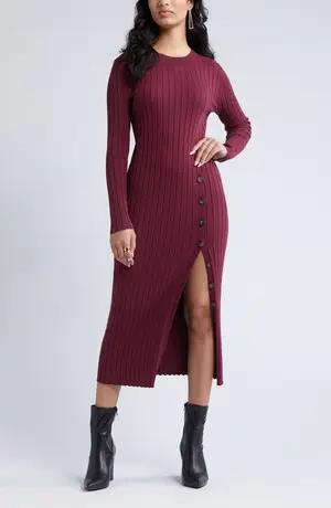 OPEN EDIT Button Sweater Midi Dress - Burgundy London