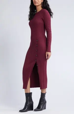 OPEN EDIT Button Sweater Midi Dress - Burgundy London