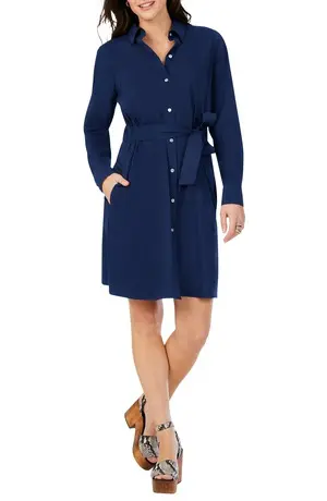 Foxcroft Pax Solid Long Sleeve Shirtdress Navy