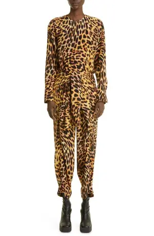 Stella McCartney Animal Print Long Sleeve Tie Waist Jumpsuit