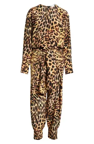 Stella McCartney Animal Print Long Sleeve Tie Waist Jumpsuit