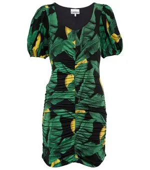 GANNI Printed Ruched Mini Dress - Black