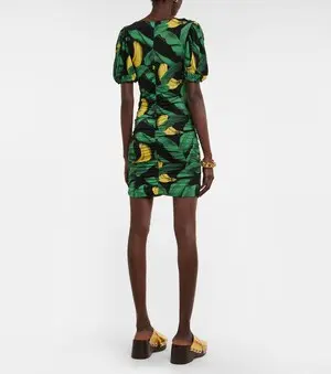 GANNI Printed Ruched Mini Dress - Black