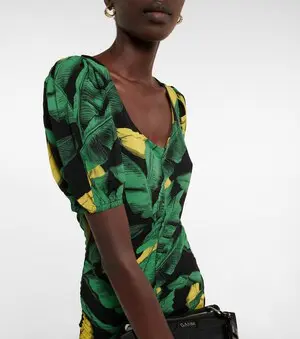 GANNI Printed Ruched Mini Dress - Black