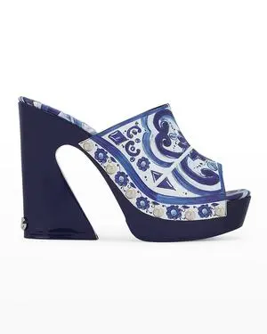 Dolce & Gabbana Brigitte Shiny Printed Platform Clogs - Azulejos