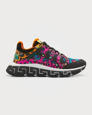 Versace Men's Trigreca Multicolor Leopard Print Sneakers Black Magenta