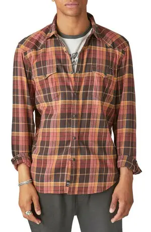 Lucky Brand Plaid Cotton Stretch Flannel Snap-up Western Shirt - Brown/red