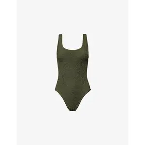Hunza G Square-Neck Seersucker Swimsuit Metallic Khaki