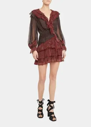 Ulla Johnson Sara Puff-Sleeve Ruffle Silk Mini Dress - Garnet