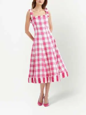 Oscar De La Renta Houndstooth Square Neck Midi Dress