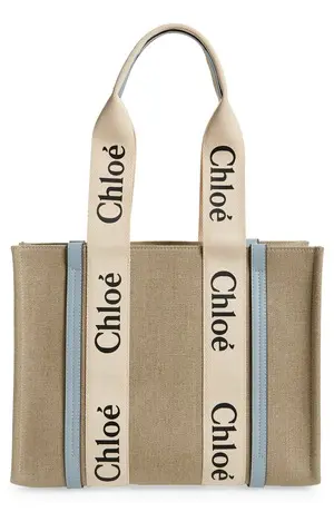 Chloé Chloé Medium Woody Linen Tote White - Blue 2