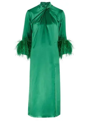 16 ARLINGTON Fujiko Green Feather-trimmed Satin Midi Dress