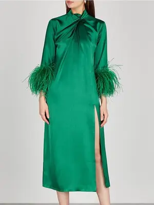 16 ARLINGTON Fujiko Green Feather-trimmed Satin Midi Dress