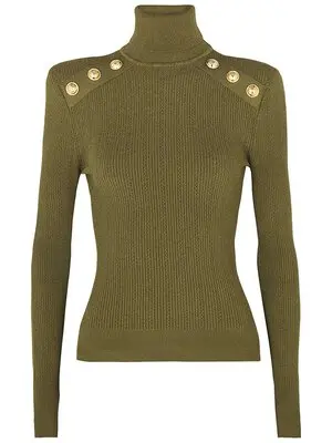 Balmain Army Green Roll-neck Ribbed-knit Jumper