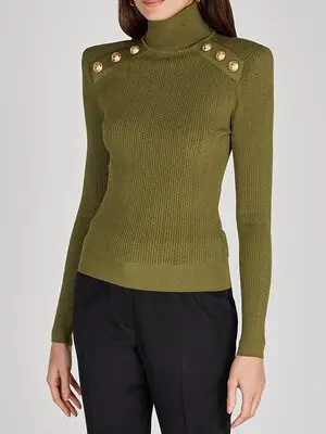 Balmain Army Green Roll-neck Ribbed-knit Jumper