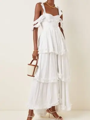 Brock Collection Samanta Tiered Linen Cold-shoulder Maxi Dress